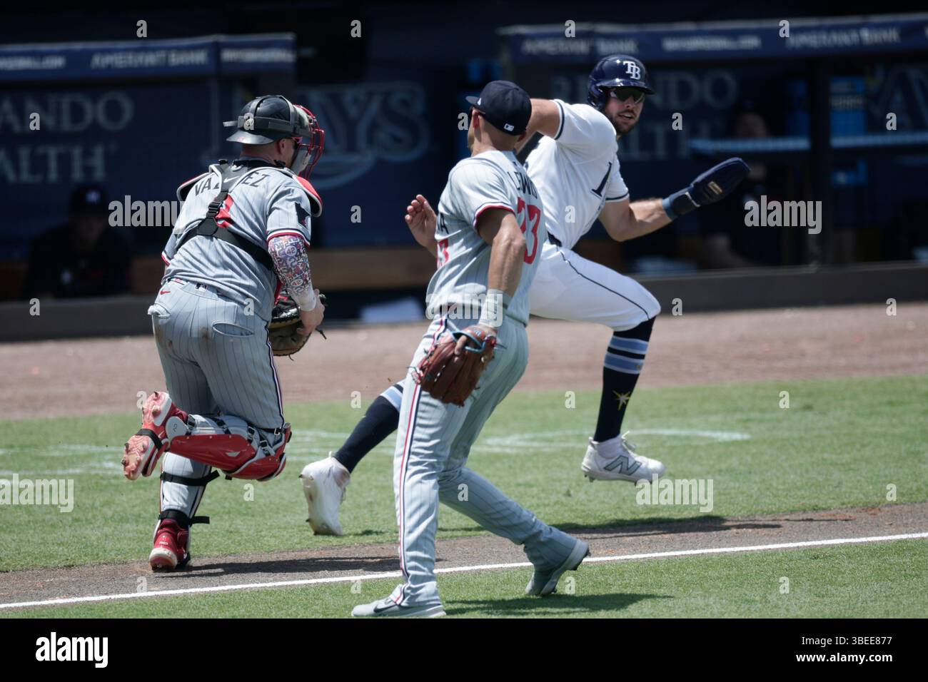 Tampa Bay Rays right fielder Josh Lowe (15) gets caught in a rundown on ...