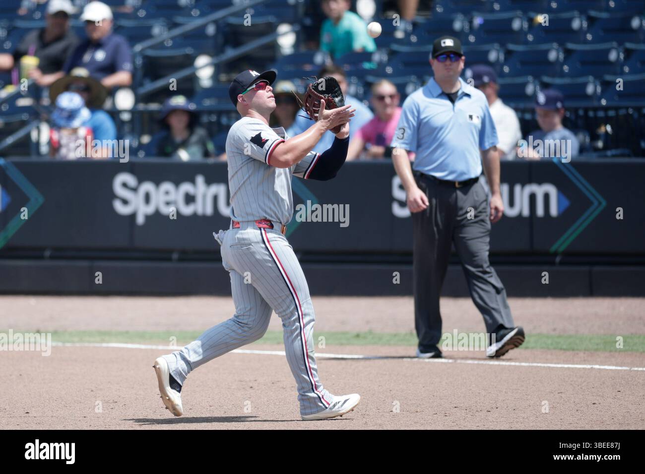 Minnesota Twins first base Ty France (13) catches a pop up off the bat ...