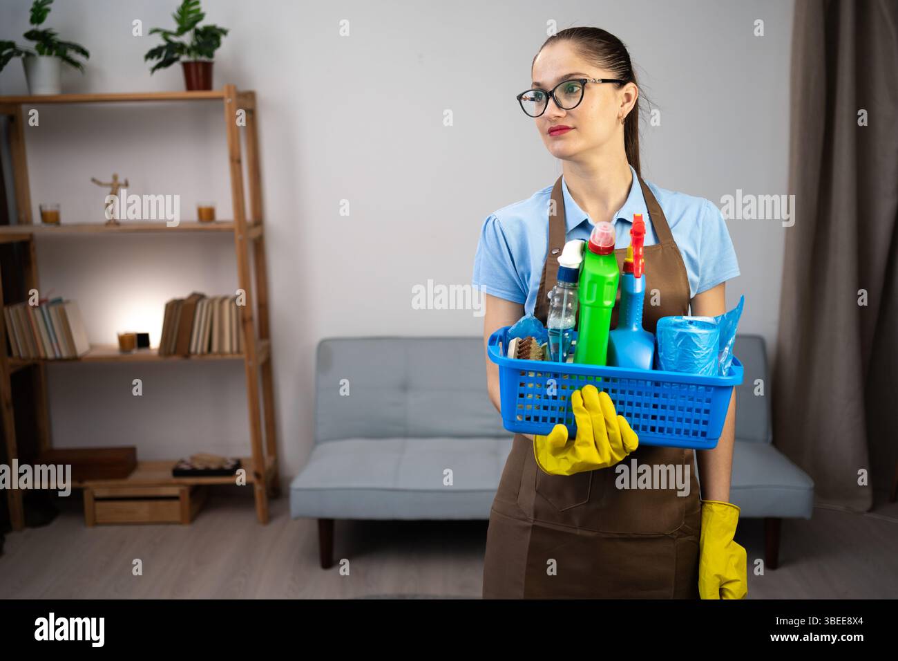 Cleaner woman wearing apron holding cleaning products in basket ...