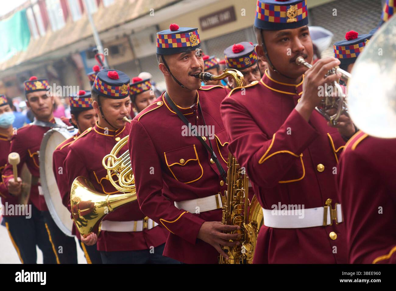Nepal police brass band play music as they participate in a rally to ...