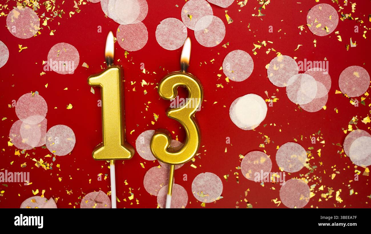 Golden burning candle number digit thirteen. Birthday greeting card ...