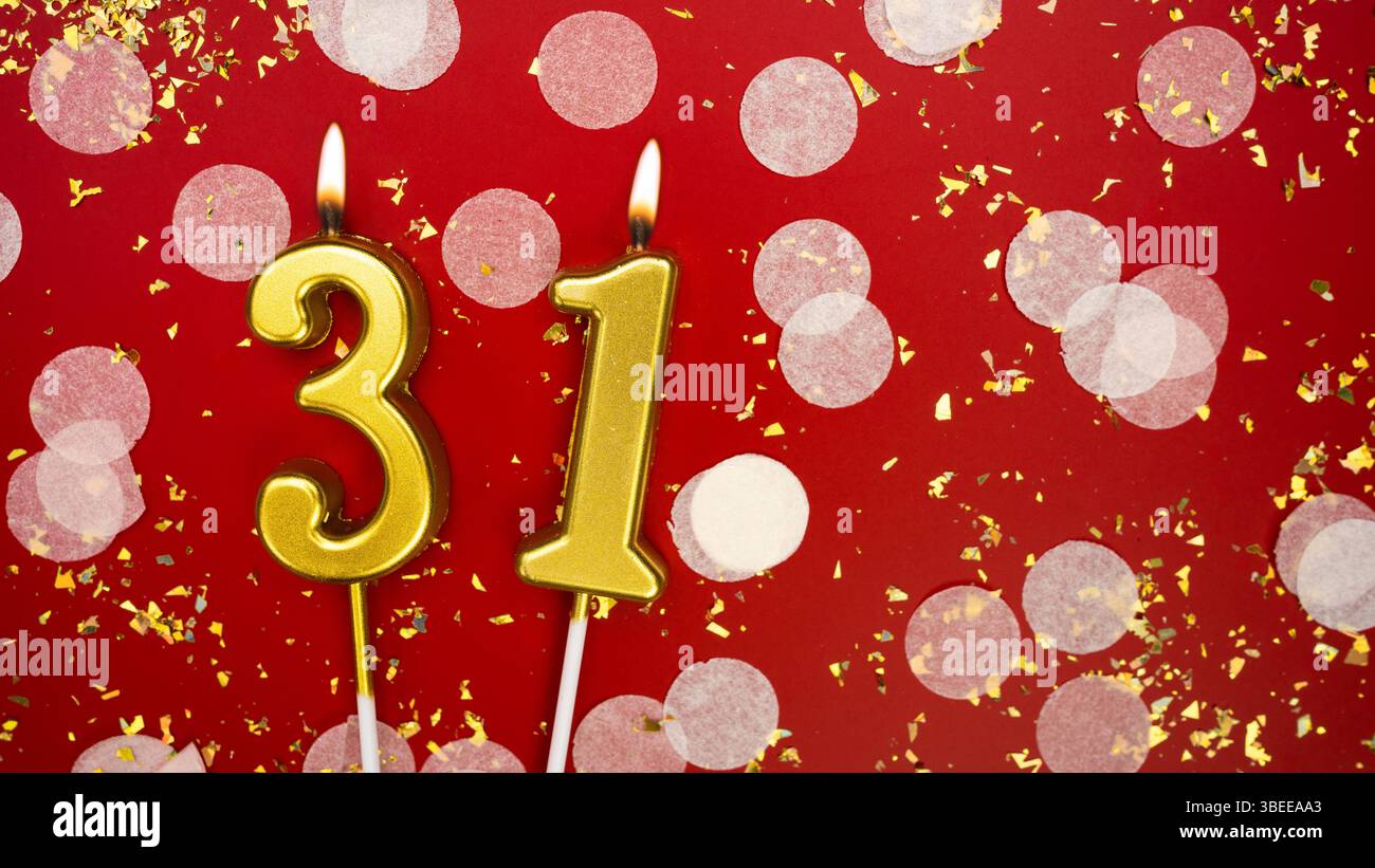 Golden burning candle number digit thirty-one. Birthday greeting card ...