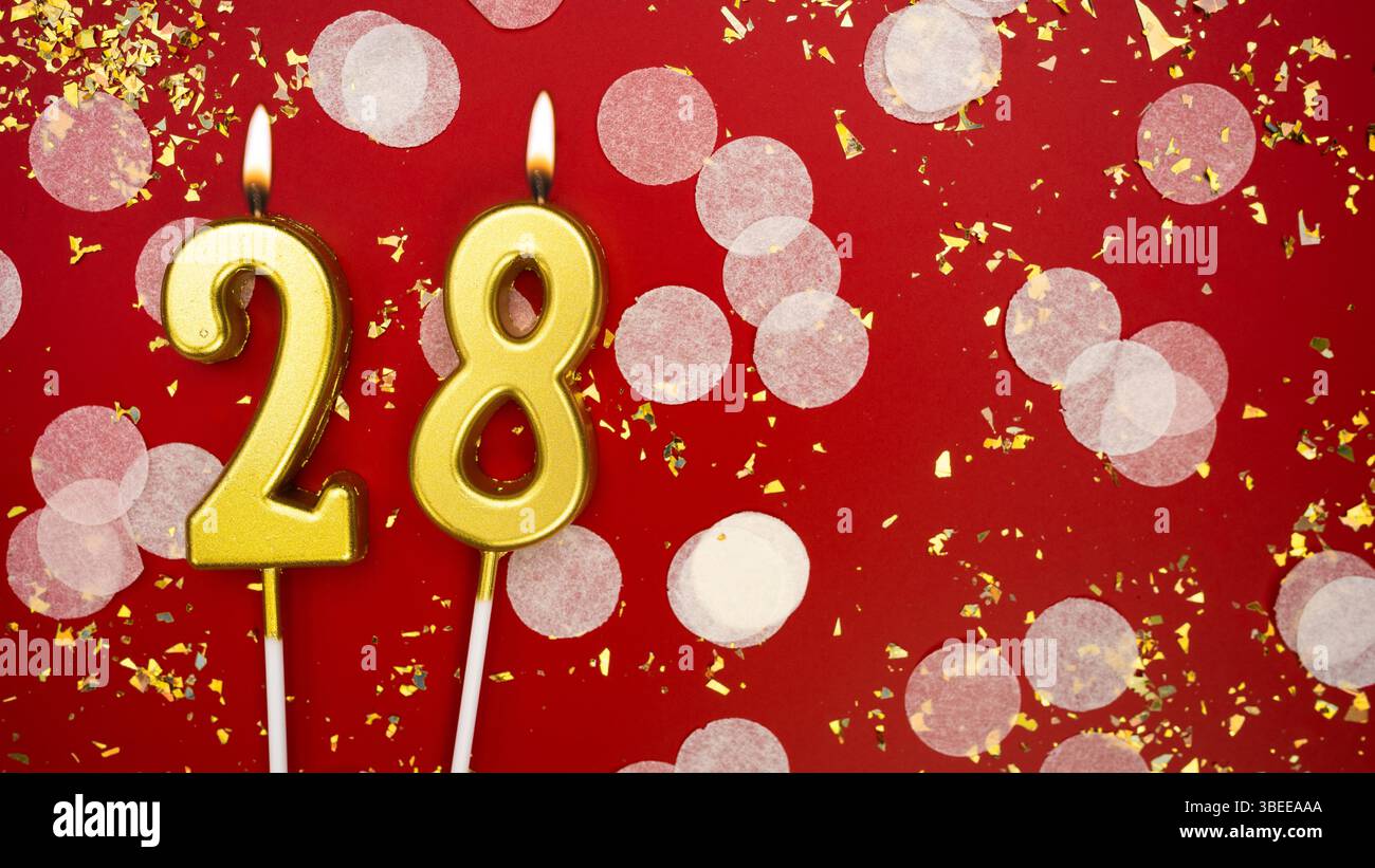 Golden burning candle number digit twenty-eight. Birthday greeting card ...