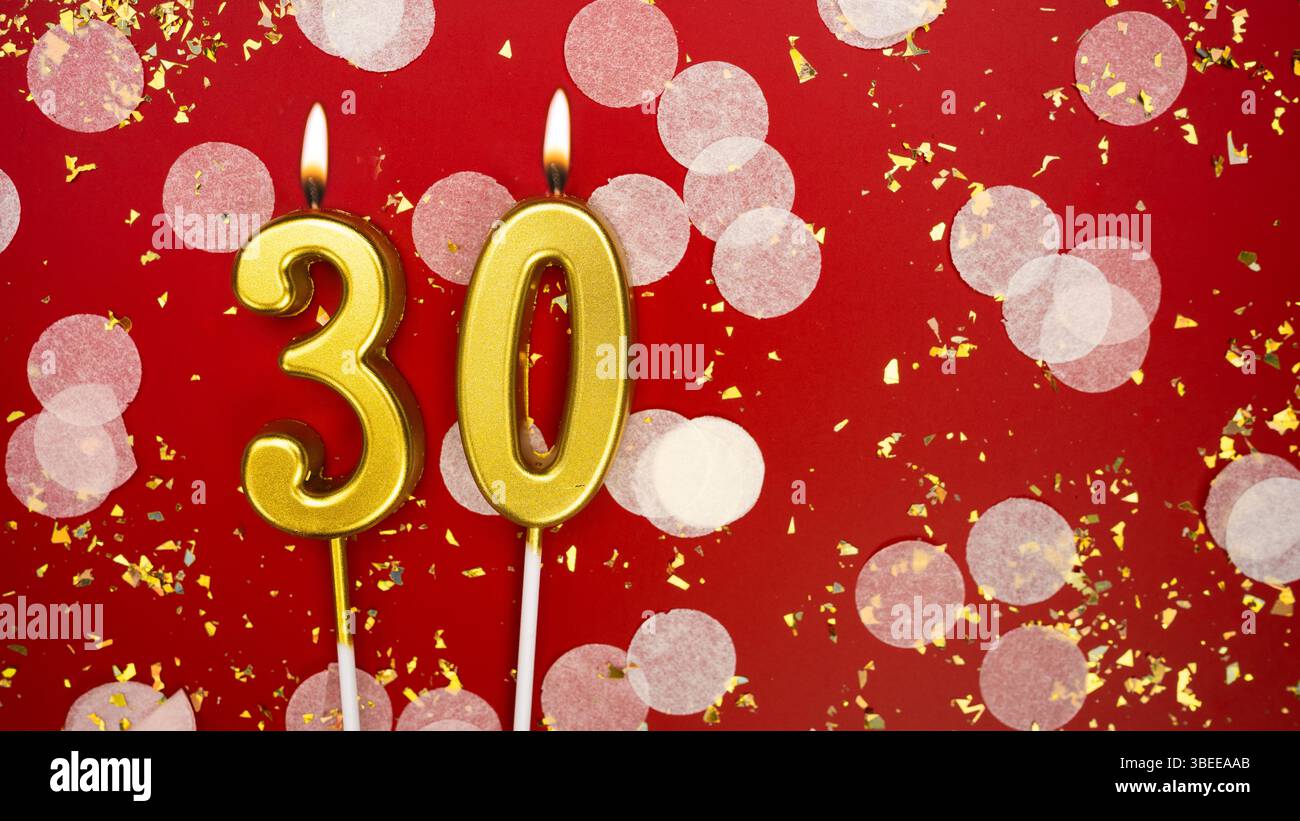 Golden burning candle number digit thirty. Birthday greeting card with ...