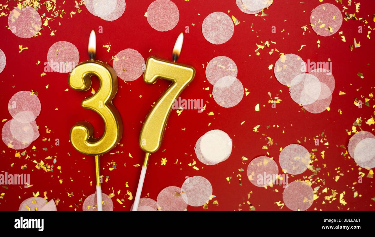 Golden burning candle number digit thirty-seven. Birthday greeting card ...