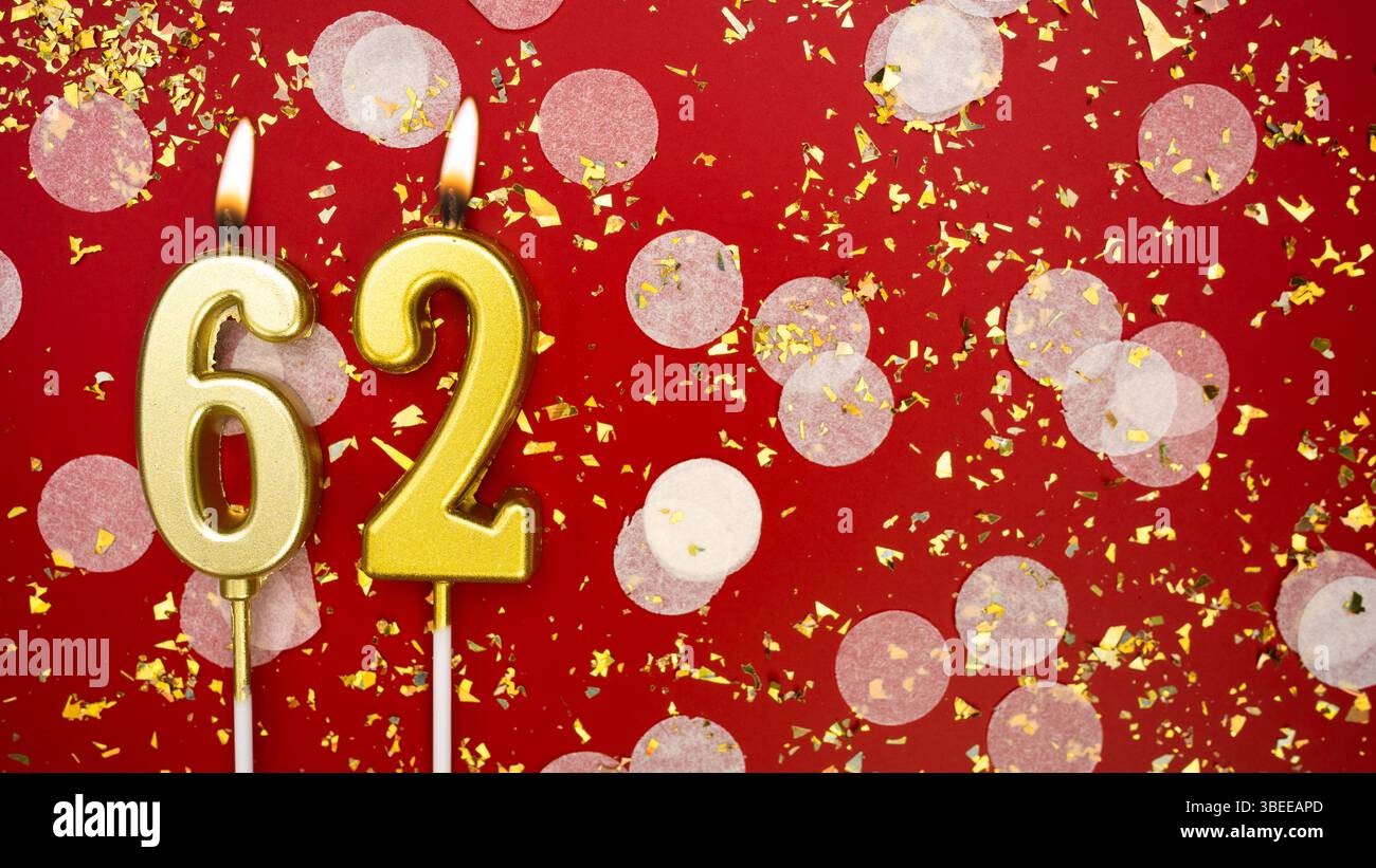 Golden burning candle number digit sixty-two. Birthday greeting card ...