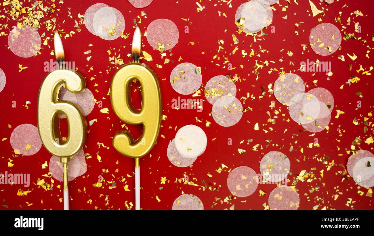 Golden burning candle number digit sixty-nine. Birthday greeting card ...