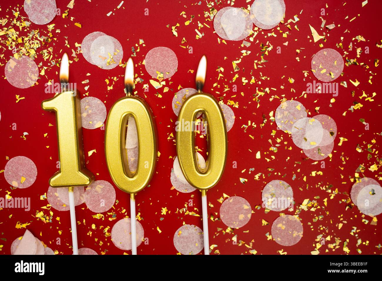 Golden burning candle number digit one hundred. Birthday greeting card ...