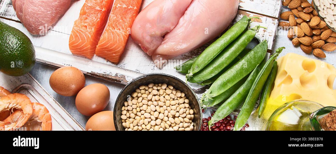 Balanced diet products - fish, meat, vegetables, nuts on a grey ...