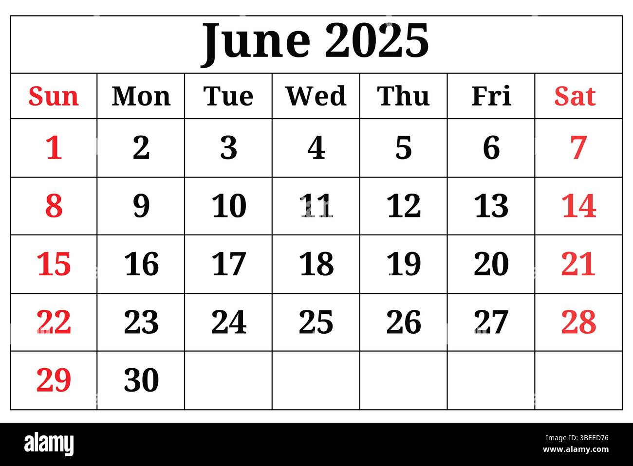 June 2025 ENGLISH summer month calendar. illustration. Monthly Stock ...