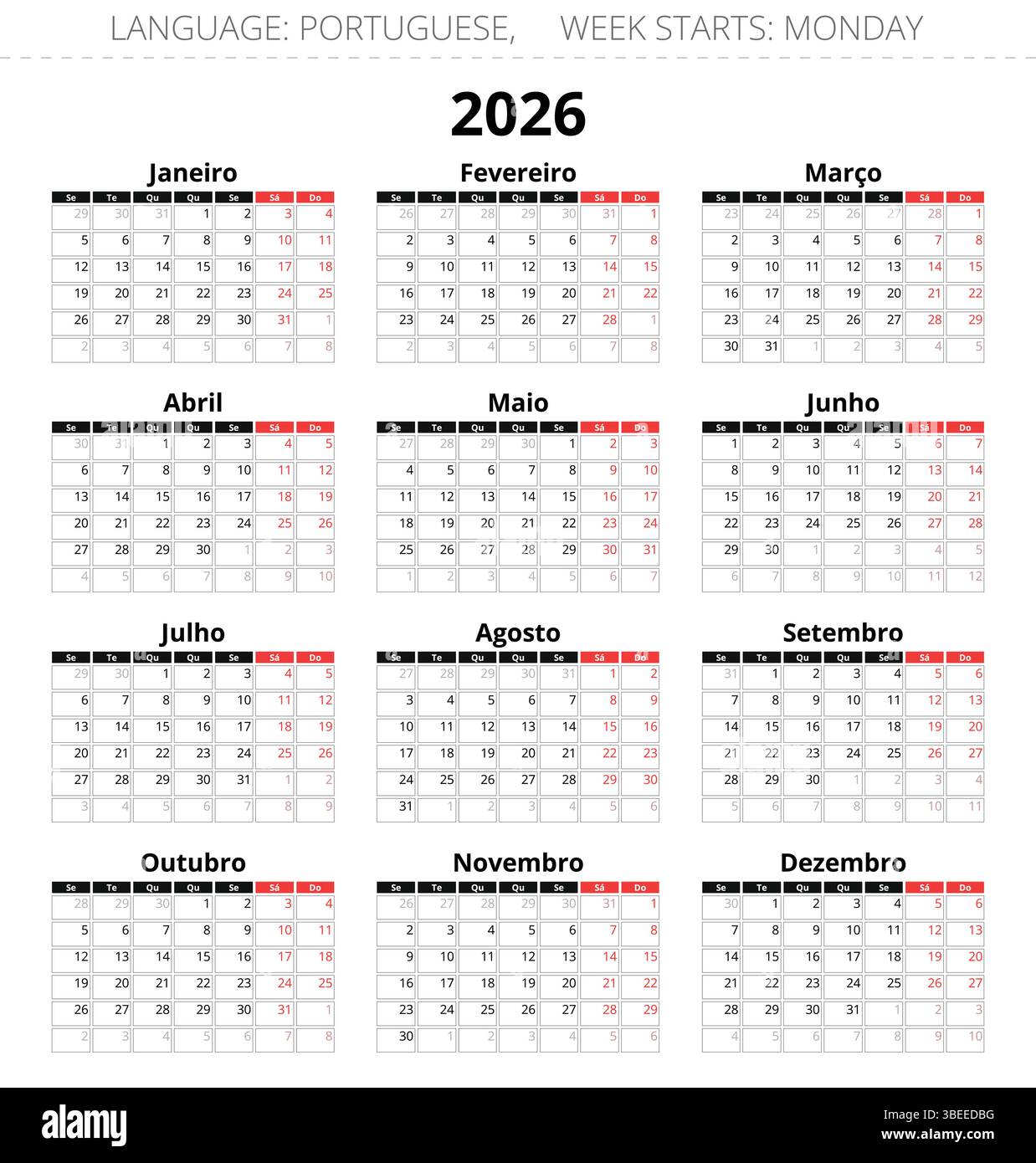 PORTUGUESE calendar for 2026 year. Vertical vector illustration for ...