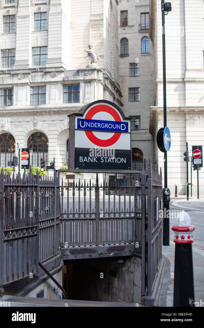 Entrance to Bank Station of the London Underground with iconic signage ...