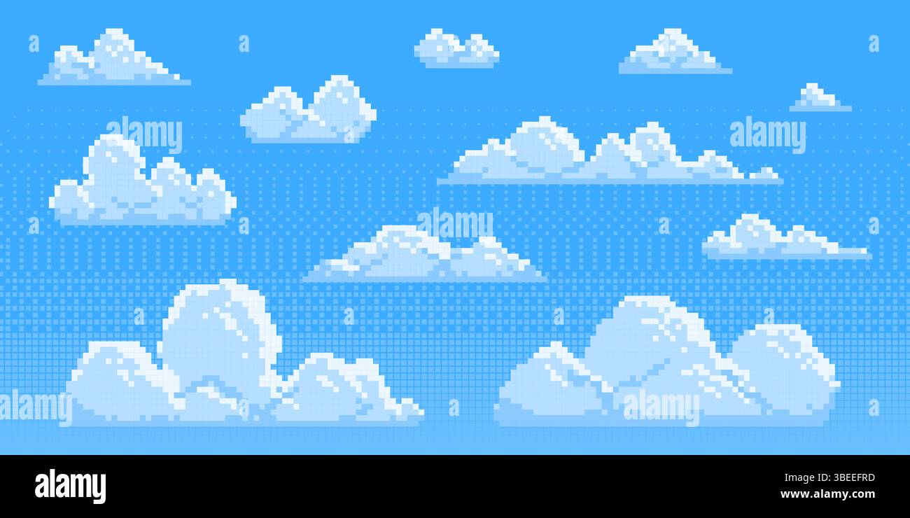 Pixel clouds set for game background - fluffy cumulus cloudscape in 8 bit style. Cartoon sky ...