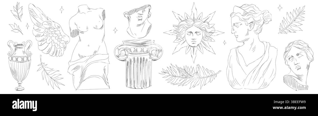 Ancient Greek sculpture doodle set - hand drawn line art of classical ...