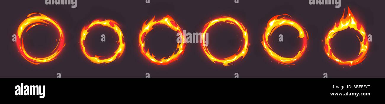 Burning fire ring frames set - round borders made of flames. Fiery ...