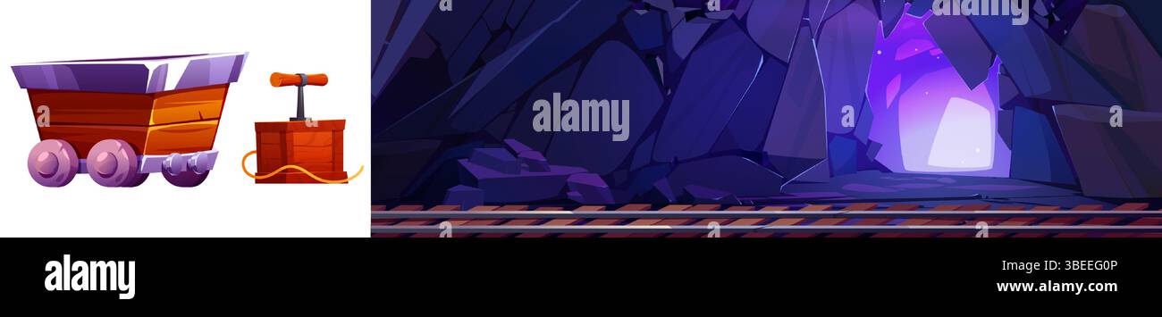 Mine tunnel with cart and detonator box - dark underground cavern with ...