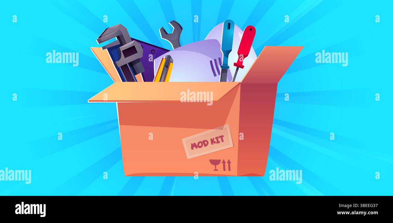 Open cardboard box with tool collection mod kit - container filled with ...