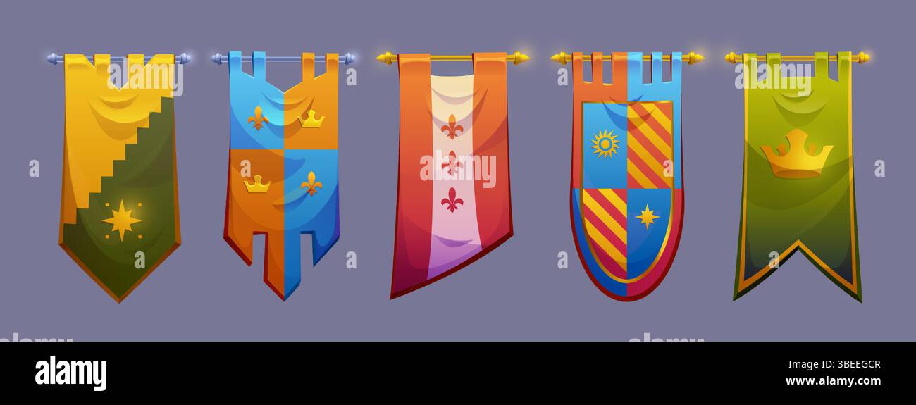 Medieval flag game banners collection - colorful heraldic pennants with ...