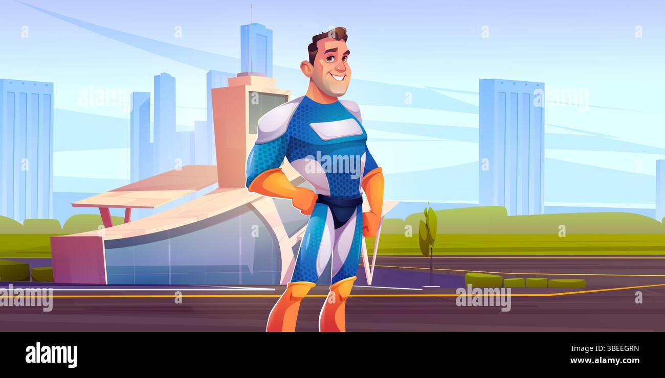 Cartoon superhero man stands in modern city landscape - muscular ...