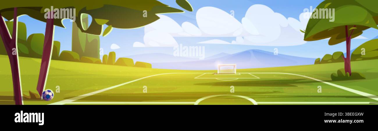 Cartoon soccer stadium field in nature setting - green grass pitch with ...
