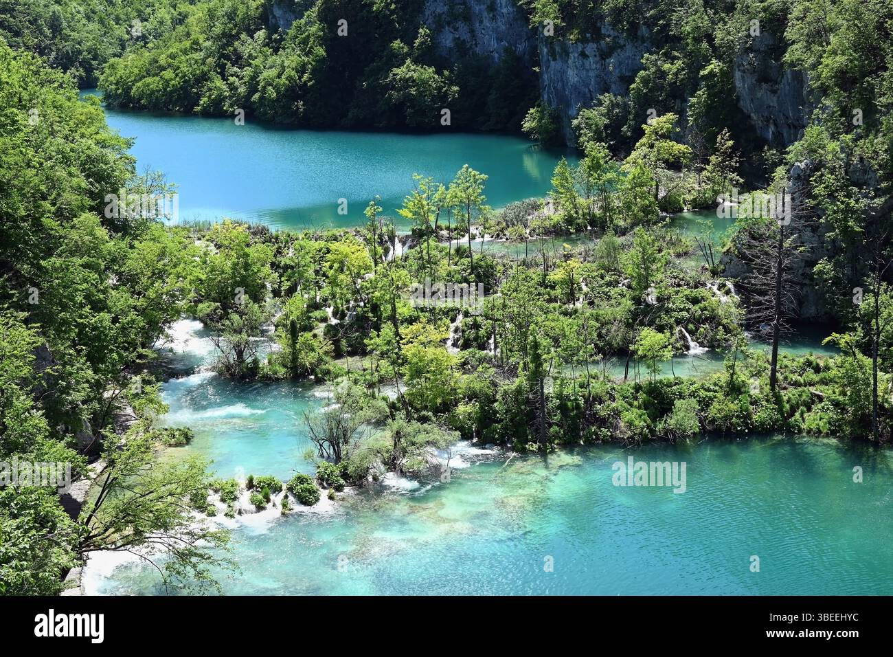 Waterfalls and small lakes surrounded by lush greenery and turquoise ...