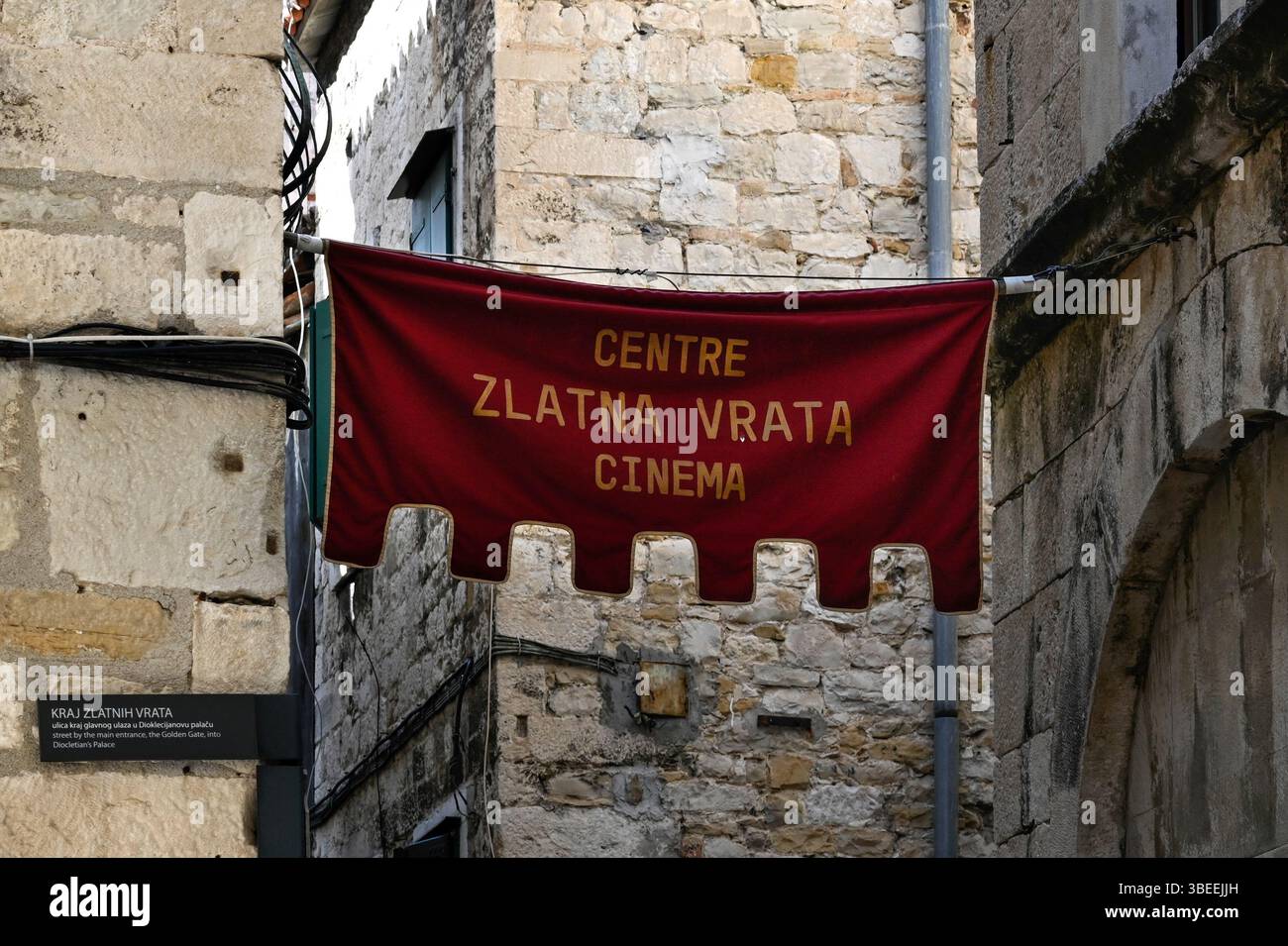 SPLIT, CROATIA - APRIL 13, 2025: Banner sign outside the Zlatna Vrata ...