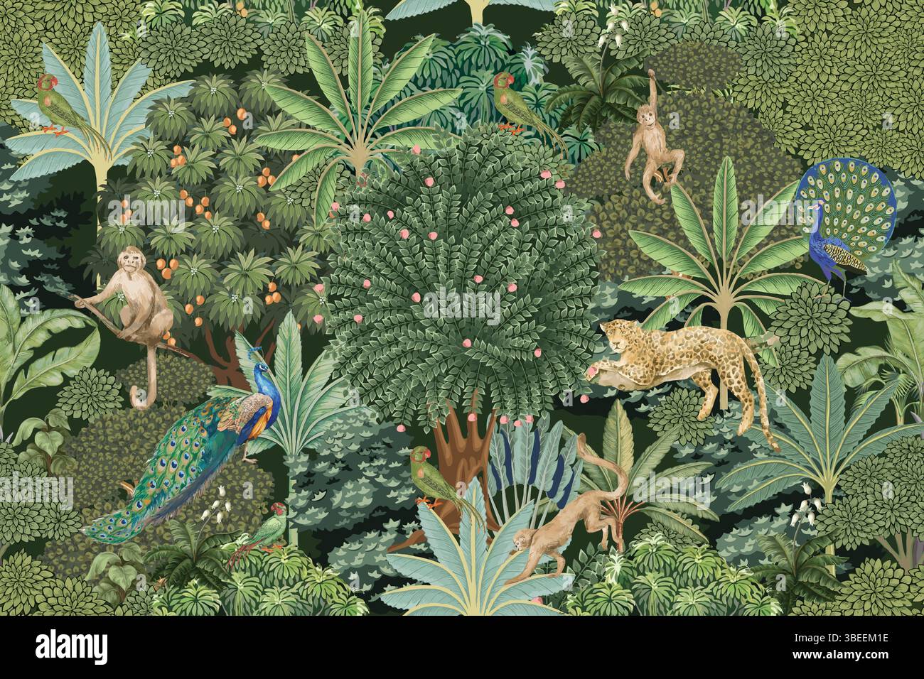 Tropical mughal forest garden with cheetah, monkey, peacock, parrot ...