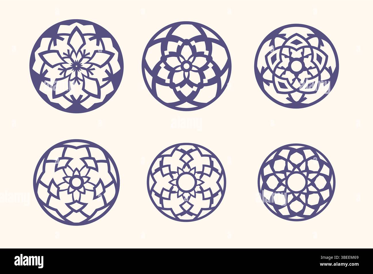 A collection of six circular mandala patterns isolated on a white ...
