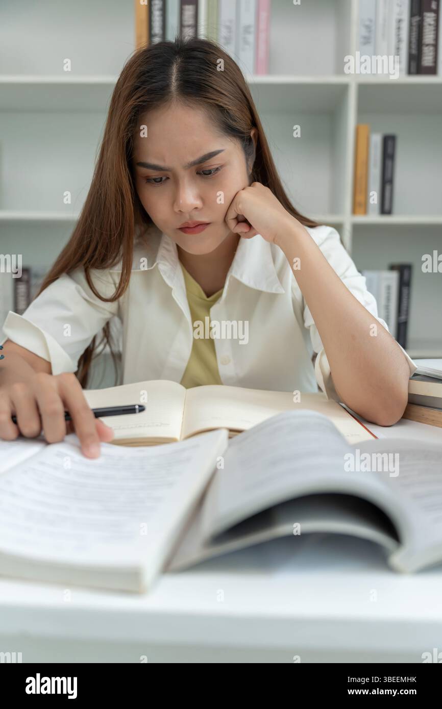 Asian student woman have anxiety because of exams, female prepare for ...