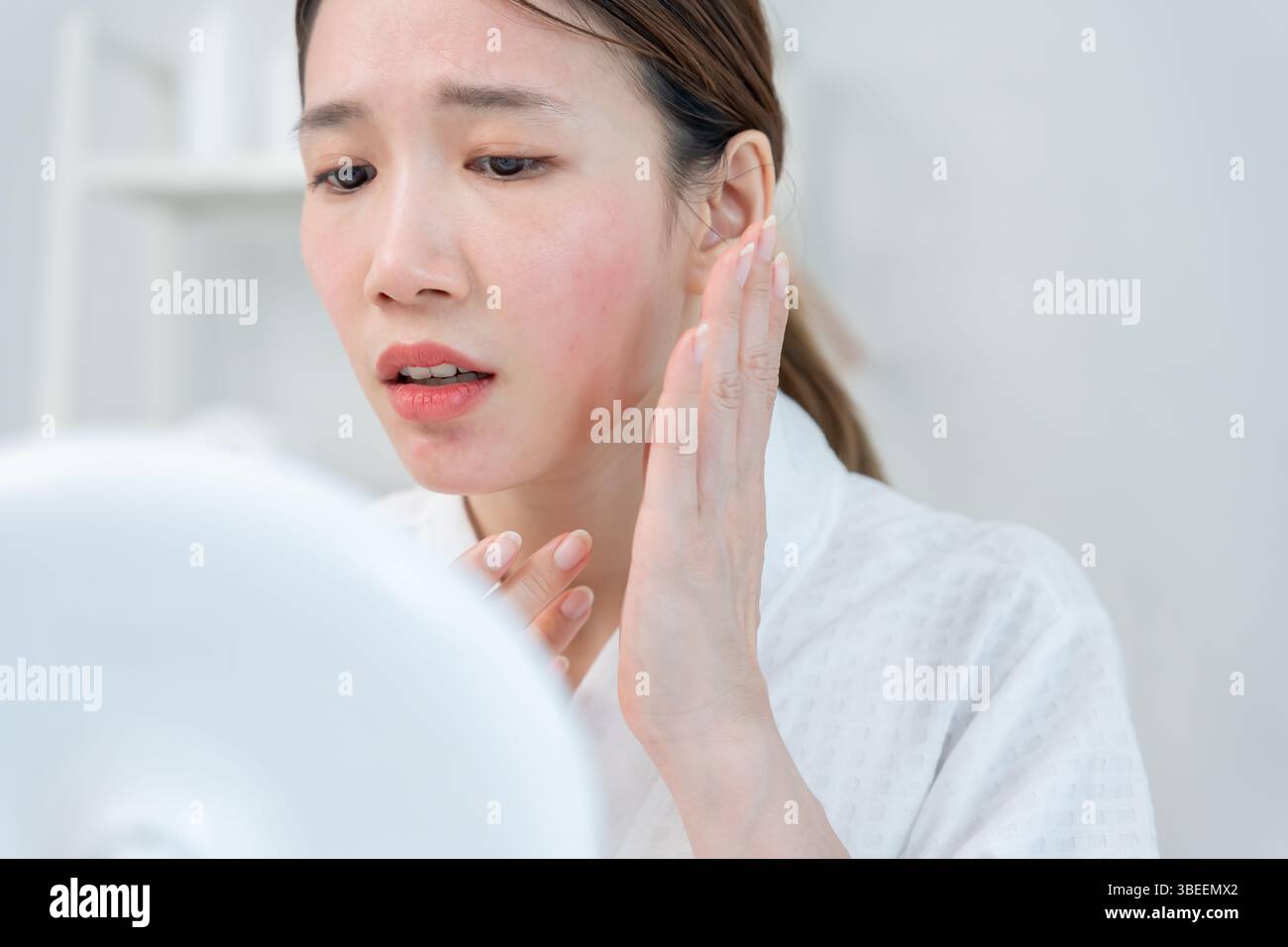 Woman worried about face Dermatology, rosacea dermatitis, allergic ...