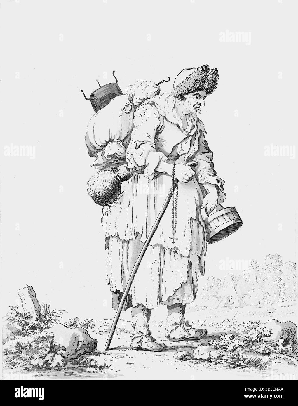 Marquand Wocher - Beggar woman; Old beggar woman with fur hat, laden ...