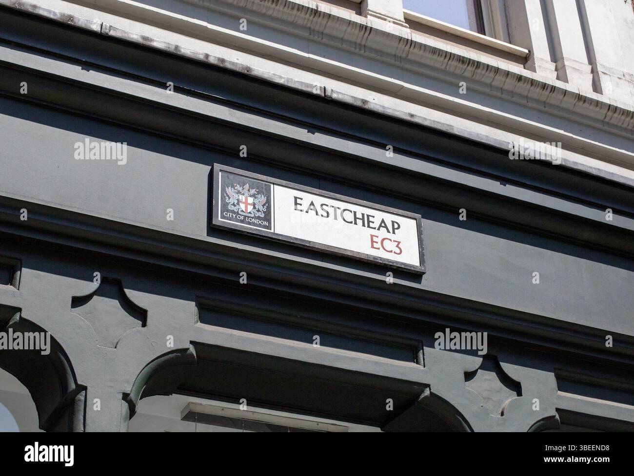 Street sign for Eastcheap in the City of London, featuring emblem Stock ...