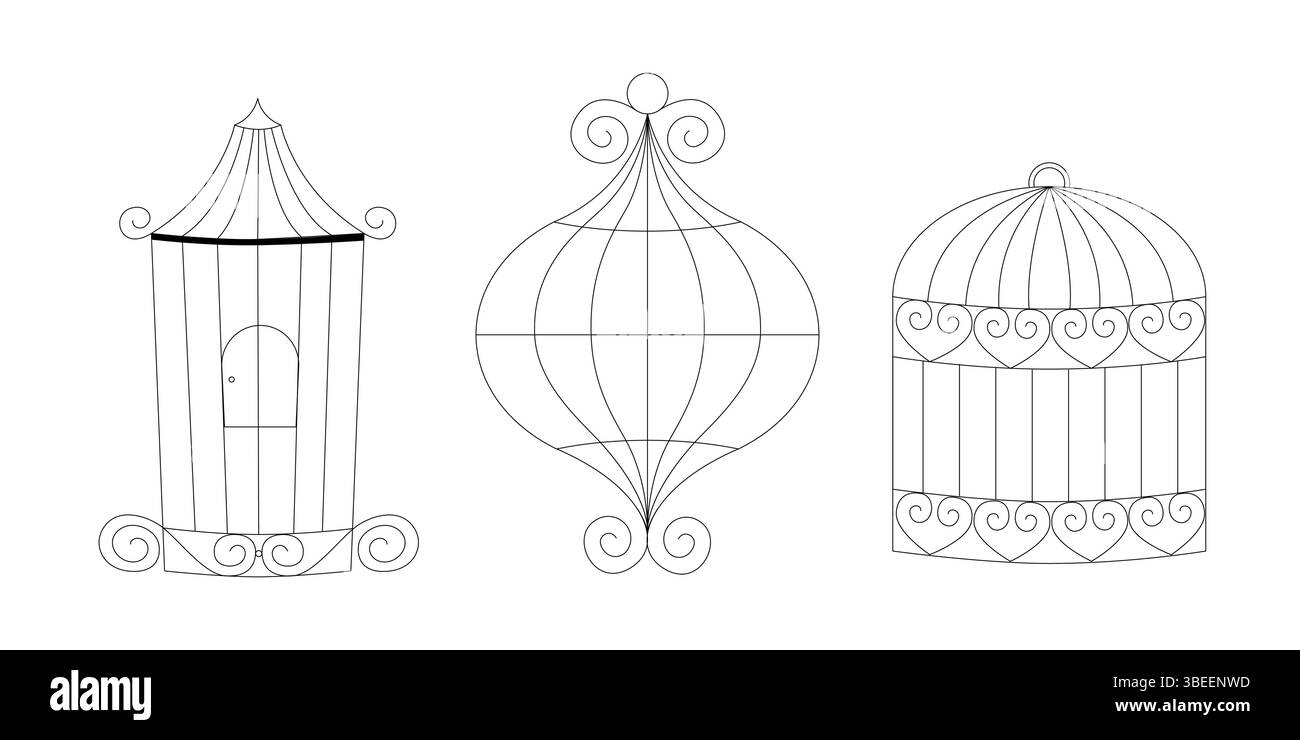 Hand drawn bird cage doodle set line art collection of simple metal ...