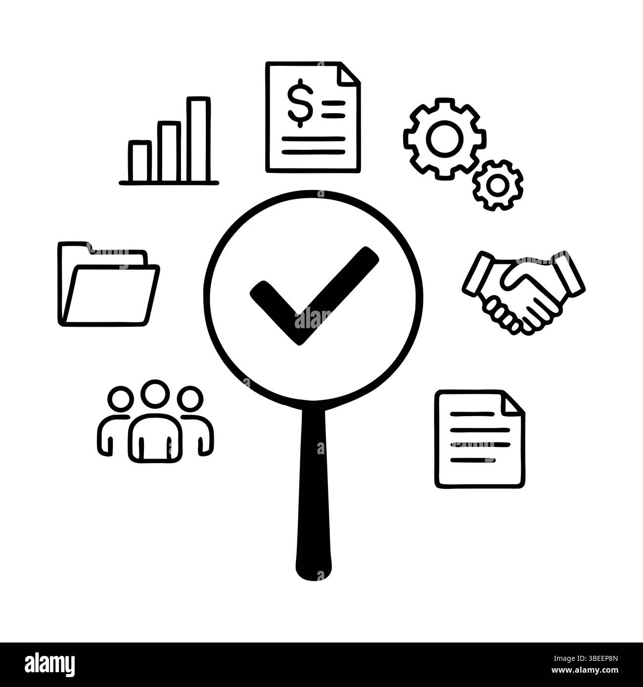 Magnifying glass with checkmark and business icons on light blue ...