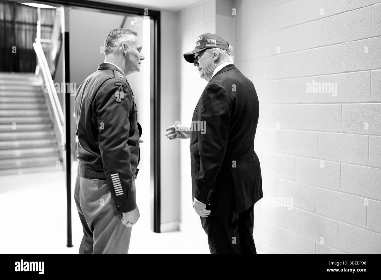 President Donald Trump speaks with LTG Steven Gilland, superintendent ...