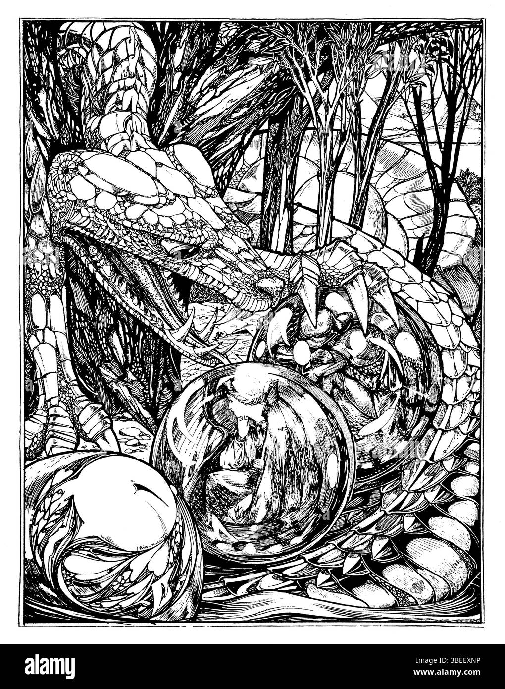 A Fantasy, line illustration of mythical creature with victims ...