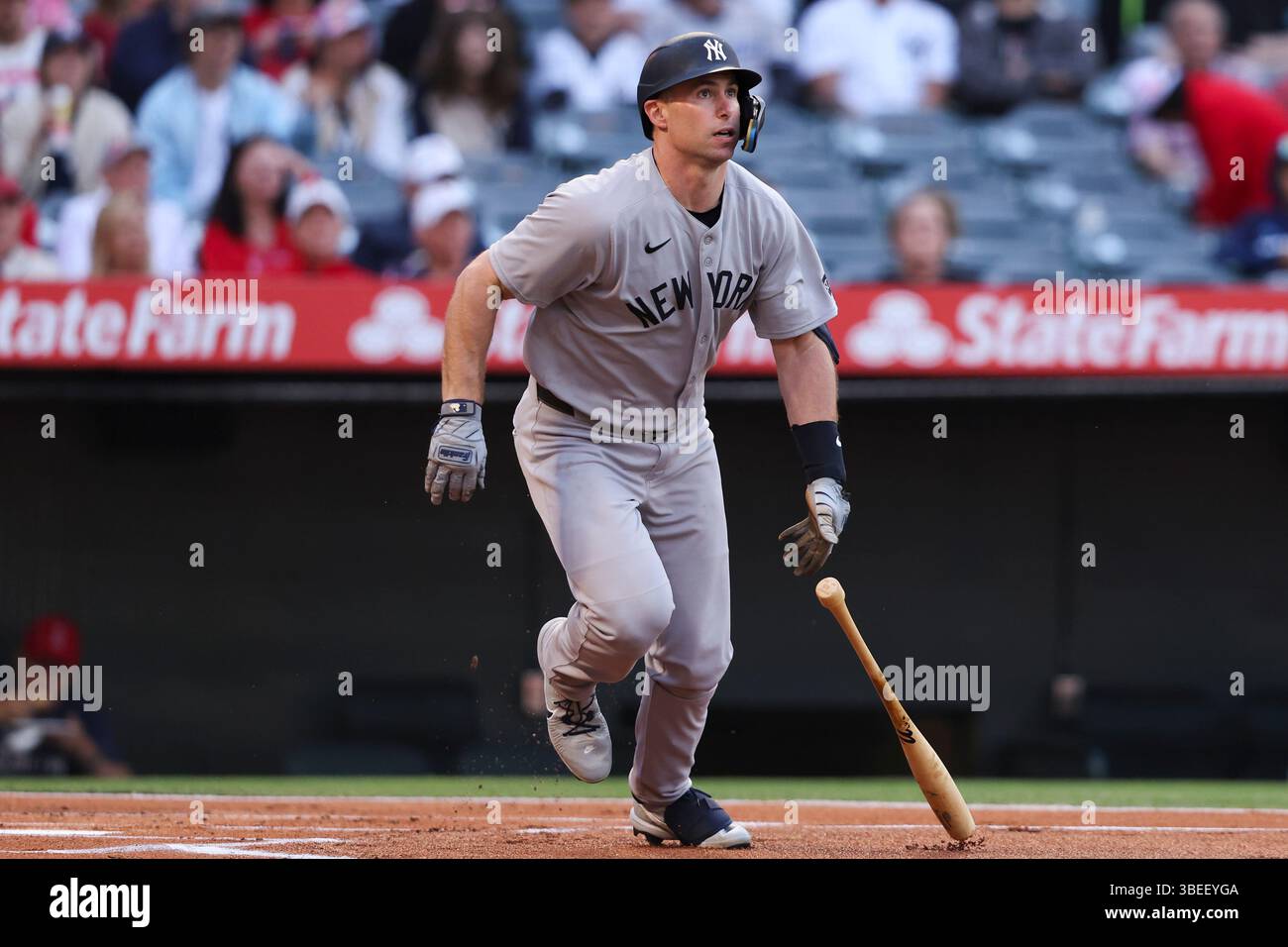 New York Yankees' Paul Goldschmidt drops his bat after hitting double ...