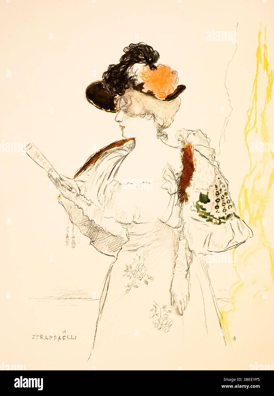 Fashionable woman circa 1900 drawing in coloured pencil by French ...