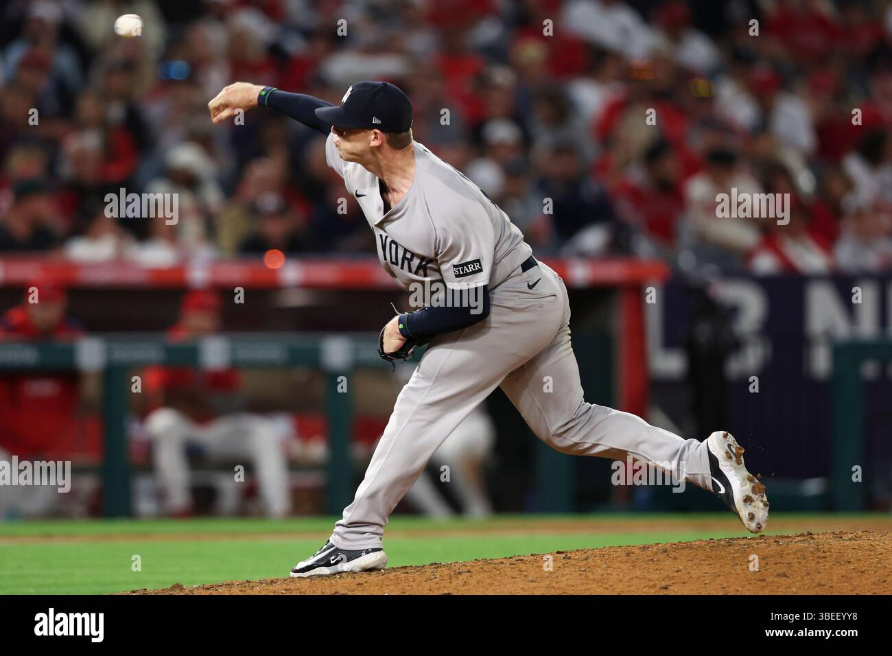 New York Yankees pitcher Ian Hamilton delivers to a Los Angeles Angels ...