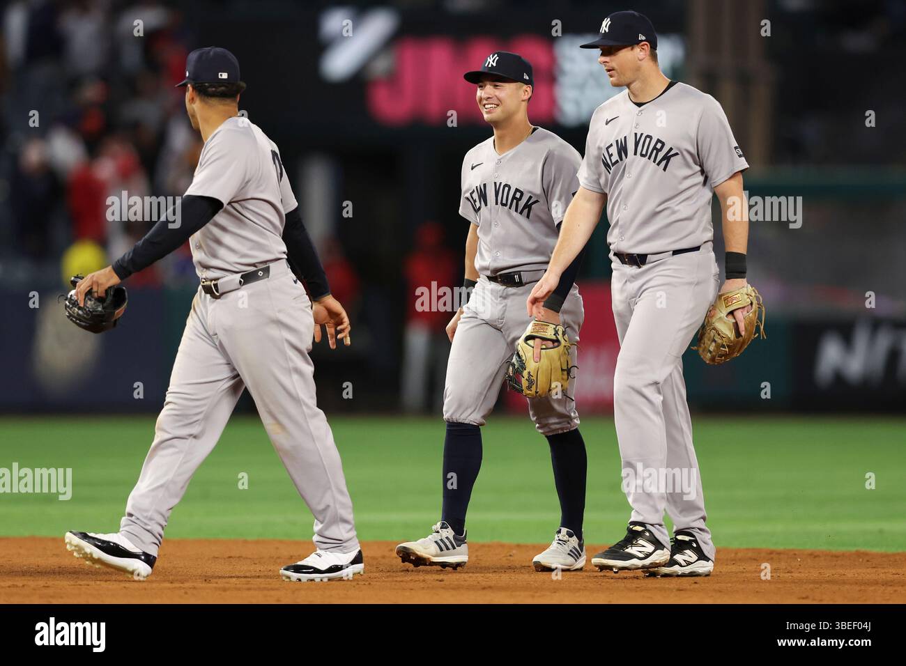 New York Yankees shortstop Anthony Volpe, center, reacts while interacting with center fielder ...