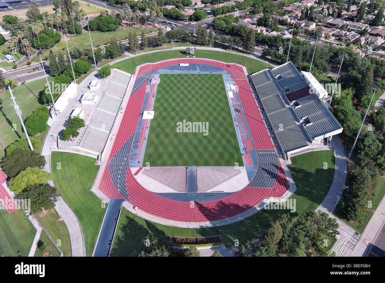 A general overall aerial view of the track and football field at ...
