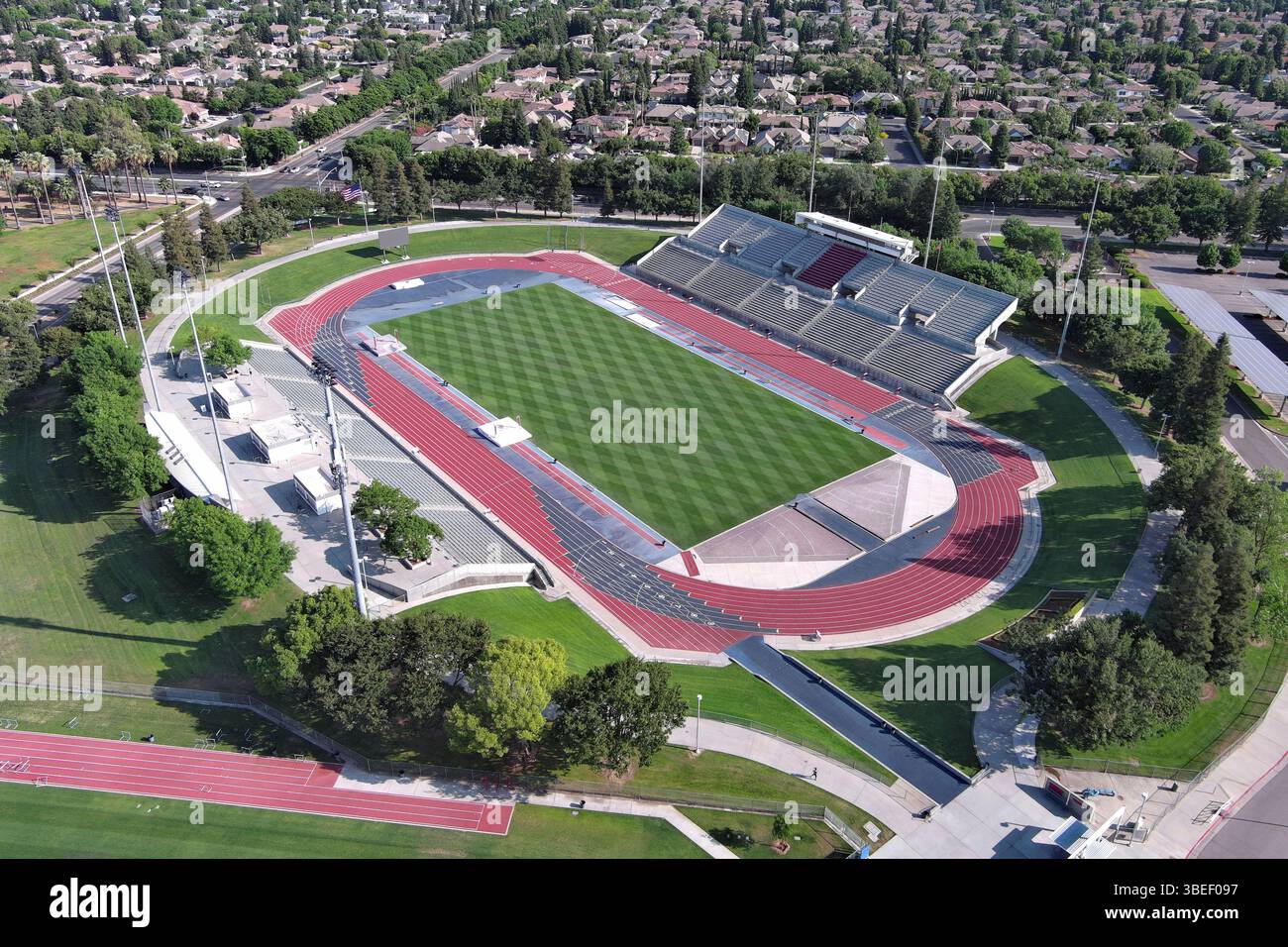 A general overall aerial view of the track and football field at ...
