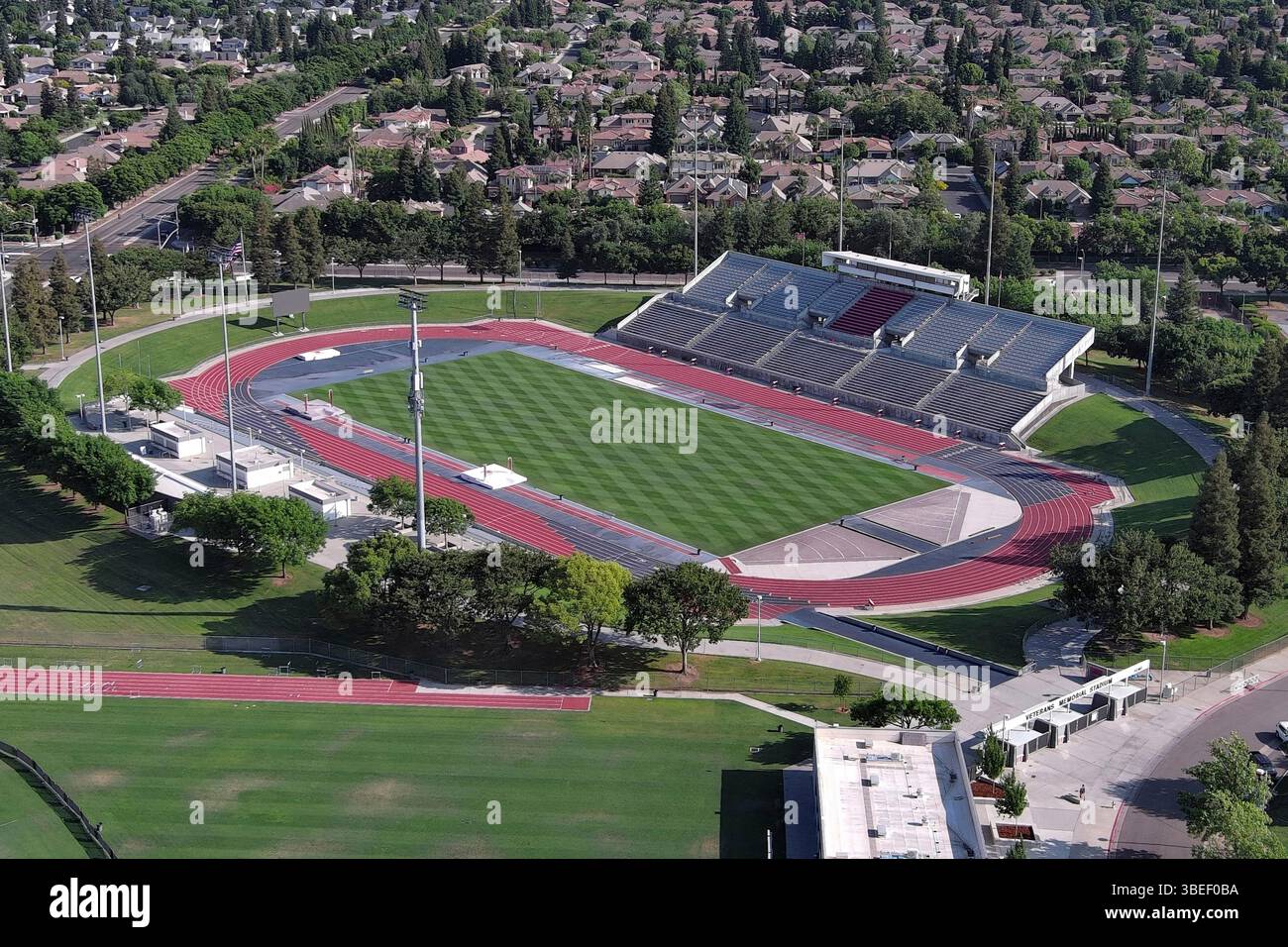 A general overall aerial view of the track and football field at ...