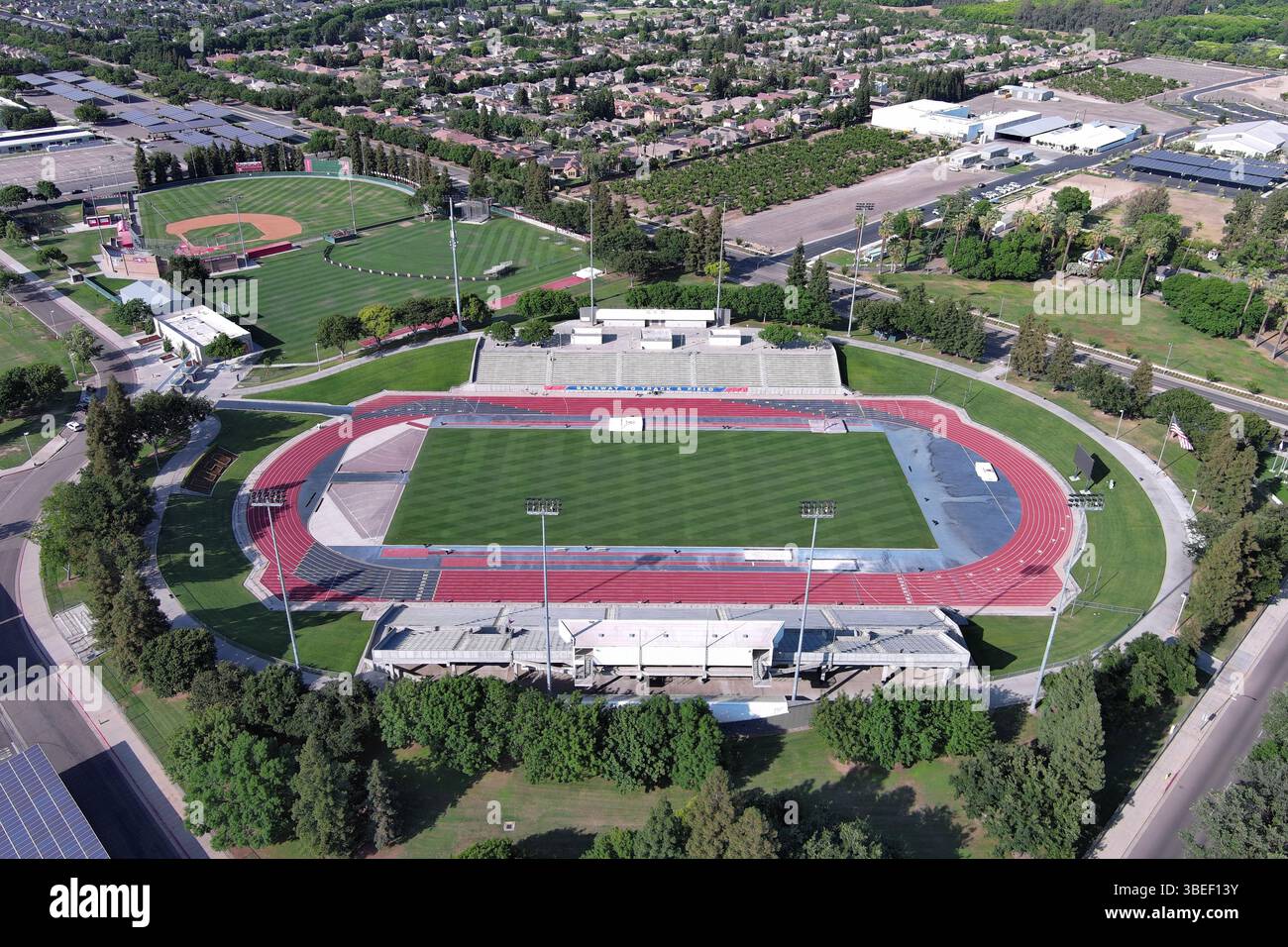 A general overall aerial view of the track and football field at ...