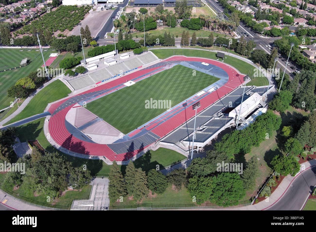 A general overall aerial view of the track and football field at ...