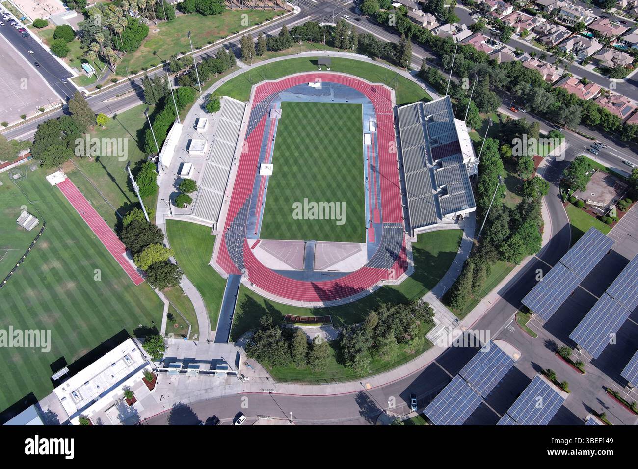A general overall aerial view of the track and football field at ...
