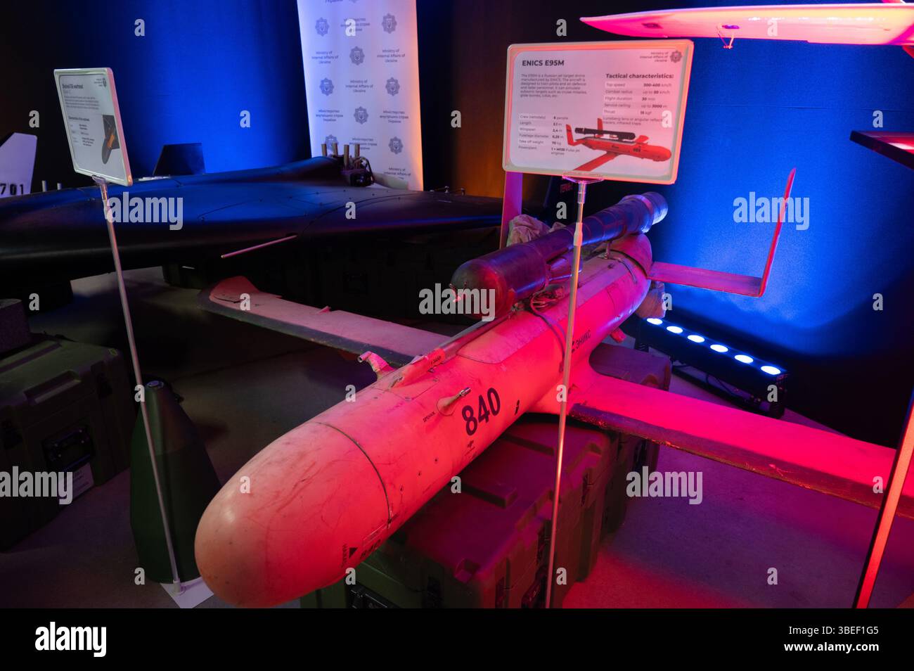 An ENICS E95M, a Russian jet target drone, is displayed at the ...