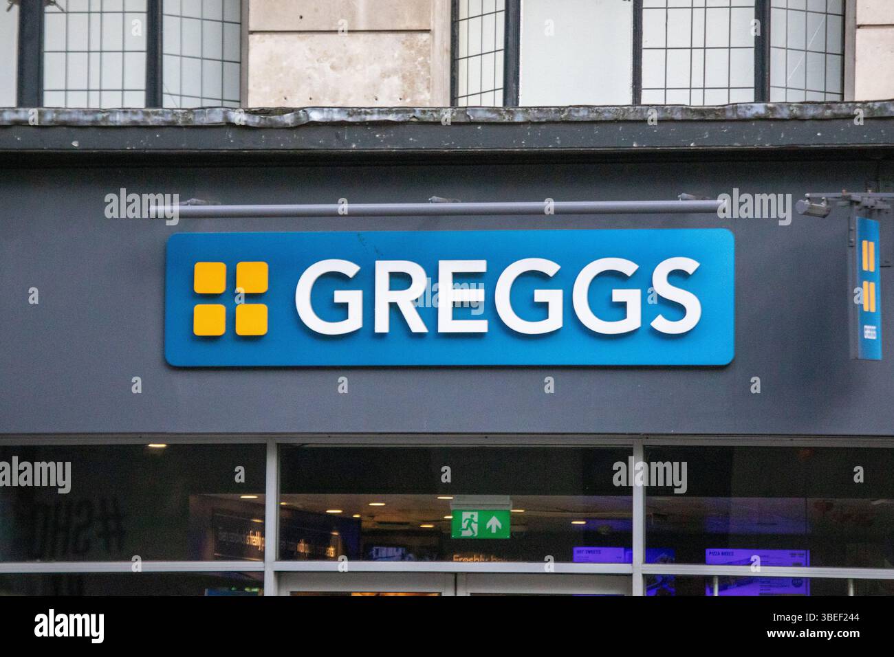 Close-up of the Greggs storefront sign located in London. The ...