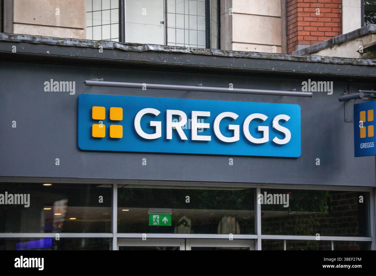 Close-up of a Greggs storefront sign in London, capturing iconic ...