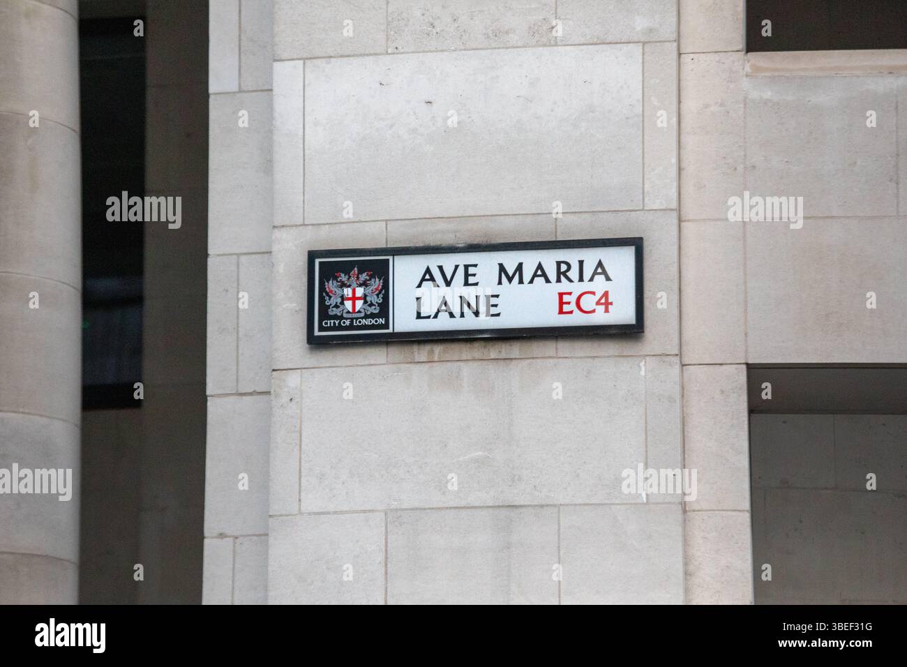 A street sign for Ave Maria Lane in London, prominently displaying the ...